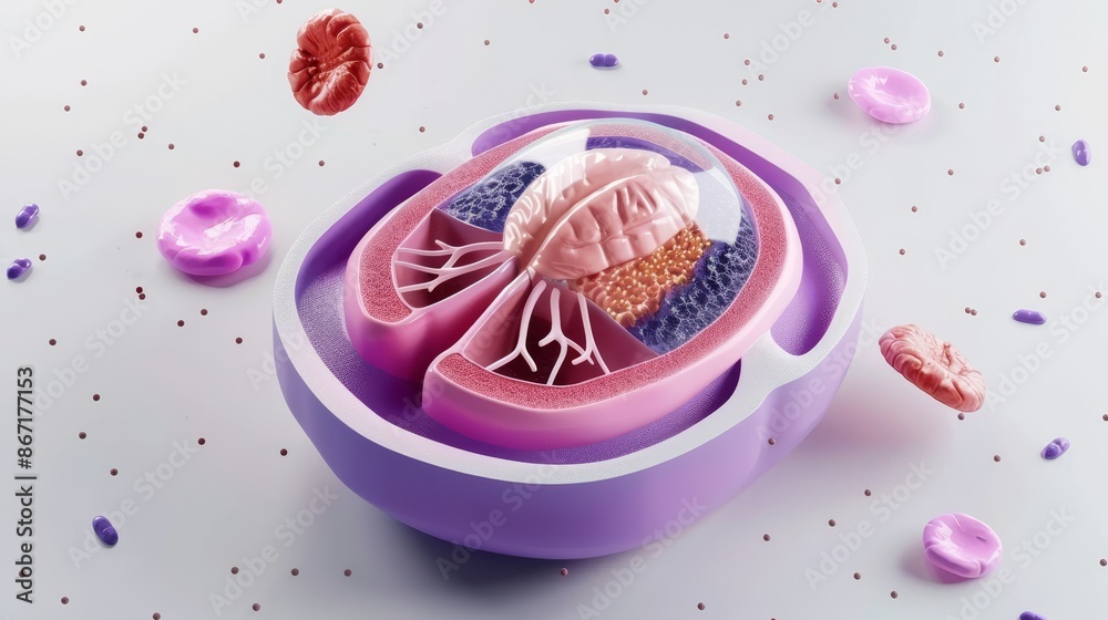 Educational diagram of a eukaryotic cell, highlighting nucleus, endoplasmic reticulum, Golgi ...