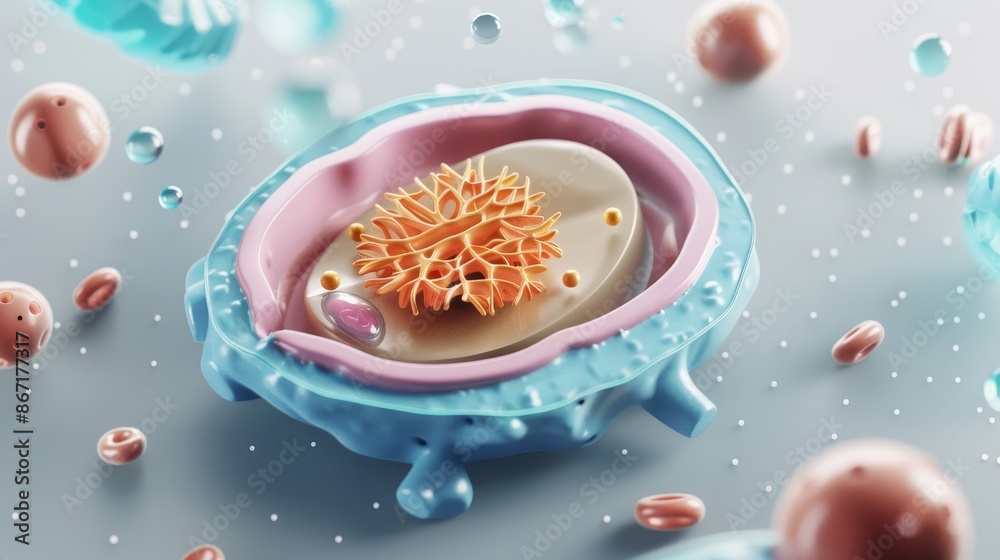 Eukaryotic cell illustration highlighting nucleus, endoplasmic reticulum, Golgi apparatus, and ...