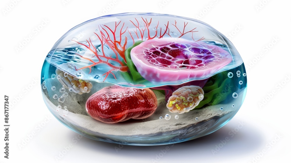 Eukaryotic cell illustration, nucleus, endoplasmic reticulum, Golgi ...