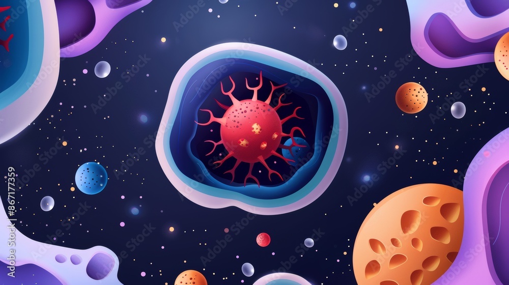 Eukaryotic cell illustration, nucleus, endoplasmic reticulum, Golgi ...