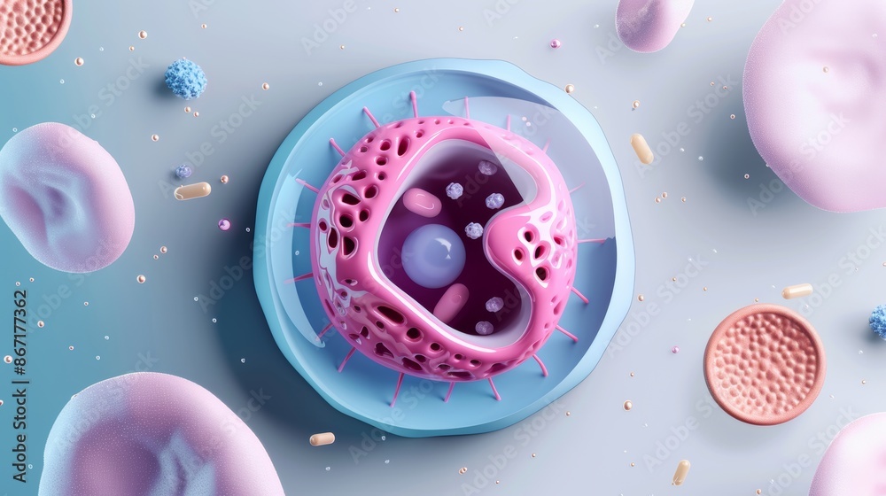 Eukaryotic cell illustration, nucleus, endoplasmic reticulum, Golgi ...