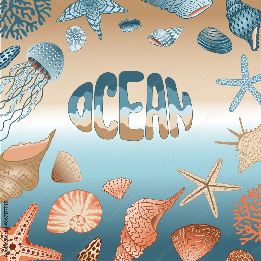 Ocean poster with shells, corals and starfish. Summer beach background ...