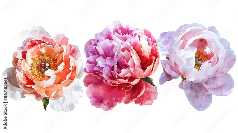 Set of three peonies isolated on a white background cutout, in high ...