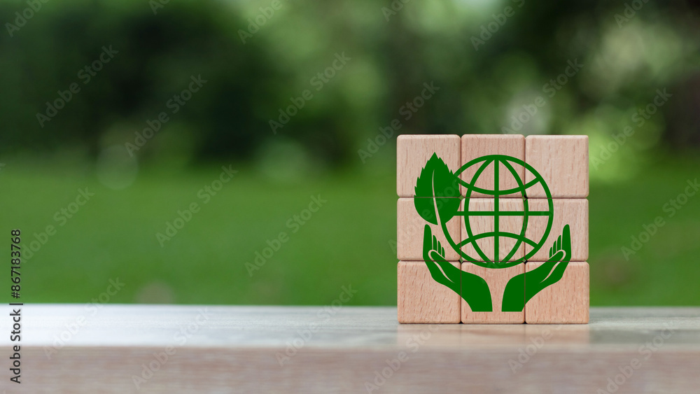 Green earth icon on block for ESG, Environment Social and Governance ...