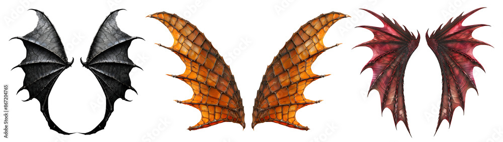 Set collection of devil demon satan dragon pair of wings on transparent ...