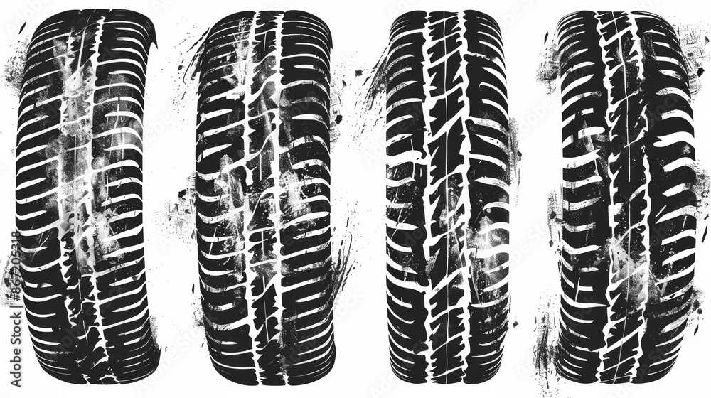 Set of black motorcycle tire tread print with grunge effect isolated on ...