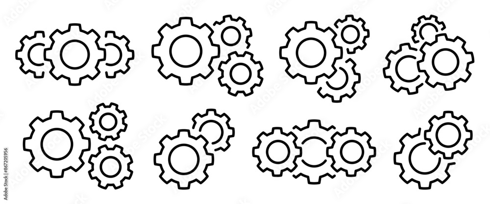 Set gears label and badges line black icon collections. Wheel cogwheel ...