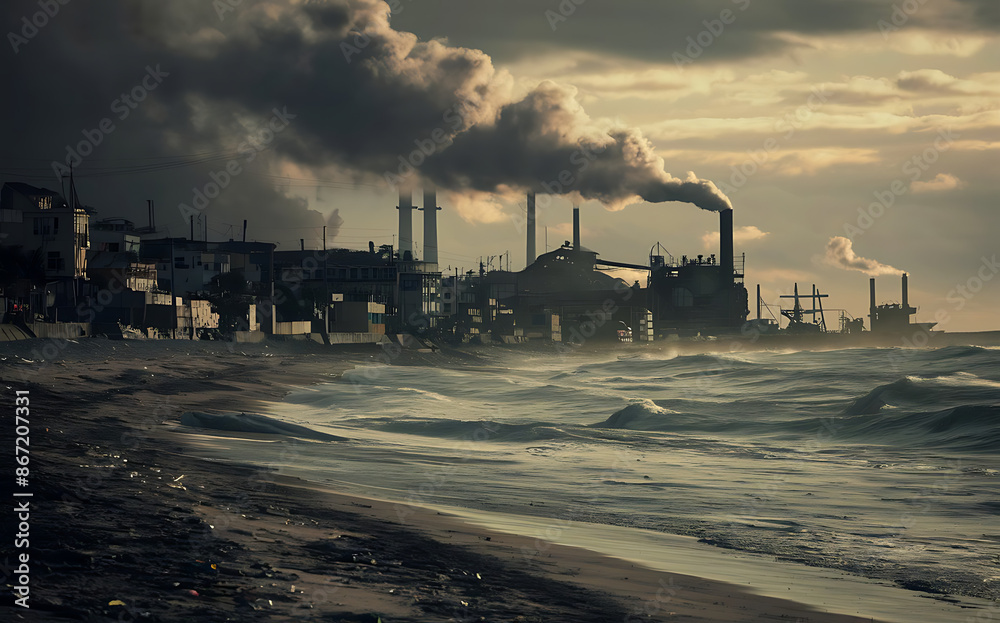 Polluted Coastal Town, A coastal town suffering from severe pollution ...