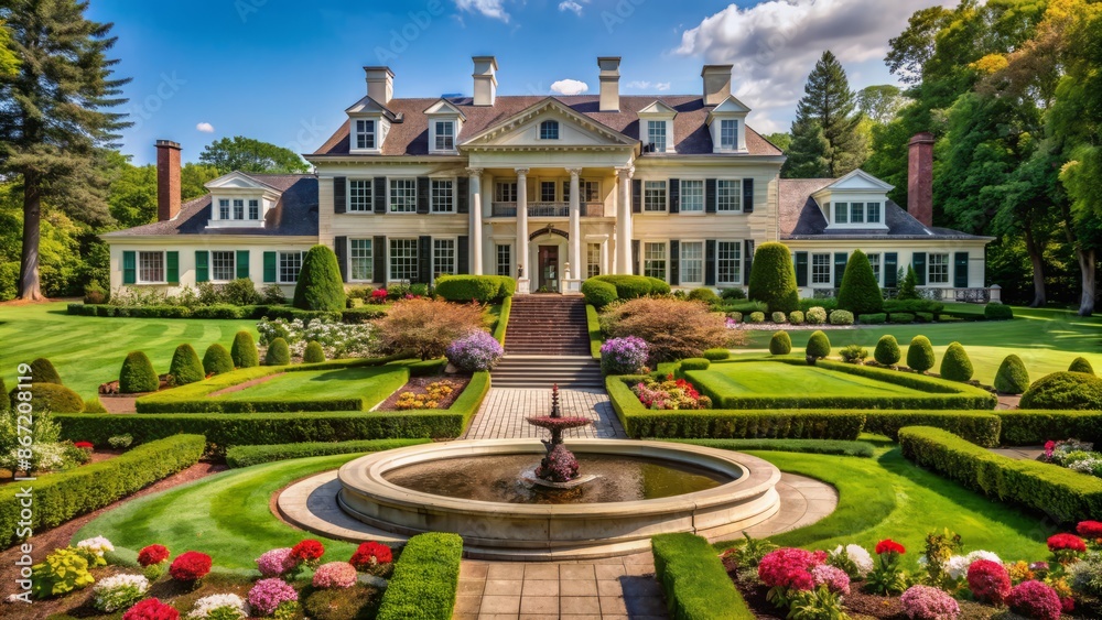 The image is of a large, white mansion with a beautiful garden. The ...
