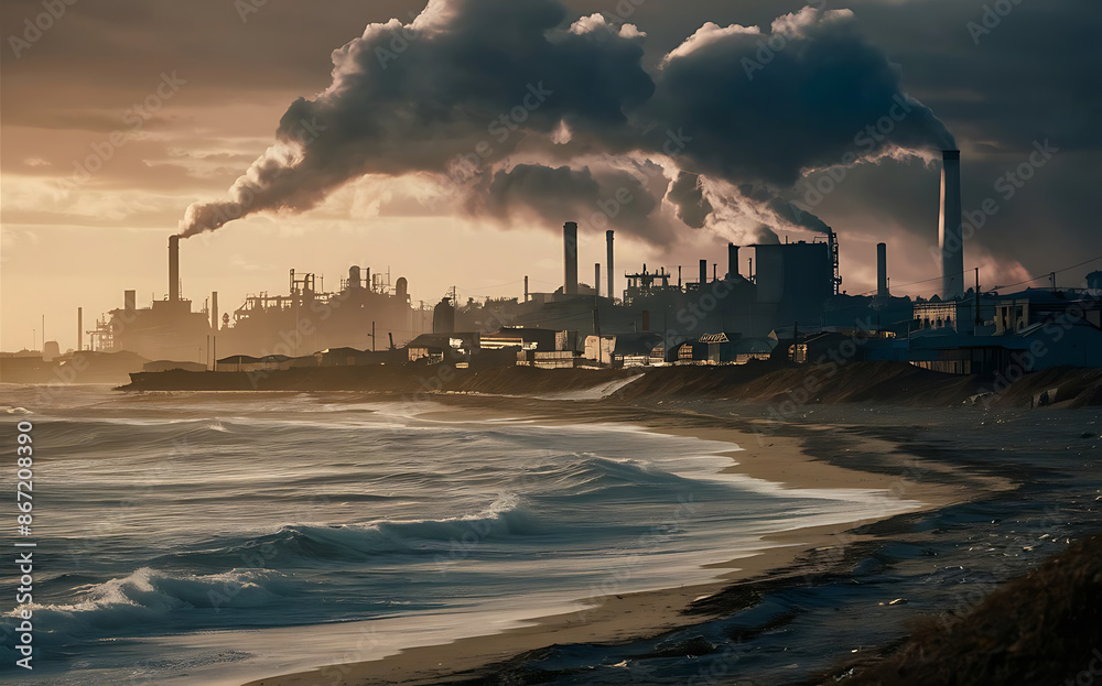 Polluted Coastal Town, A coastal town suffering from severe pollution ...