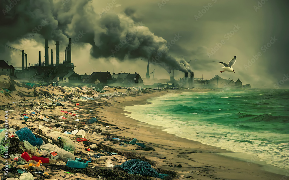 Polluted Coastal Town, A coastal town suffering from severe pollution ...