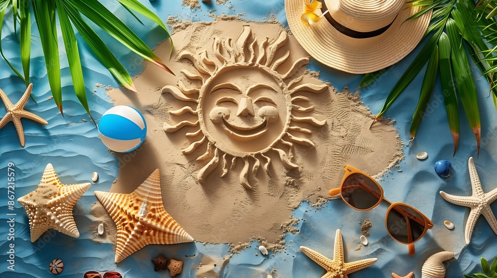 Sand drawing of a happy sun face on a summer beach, with vacation ...