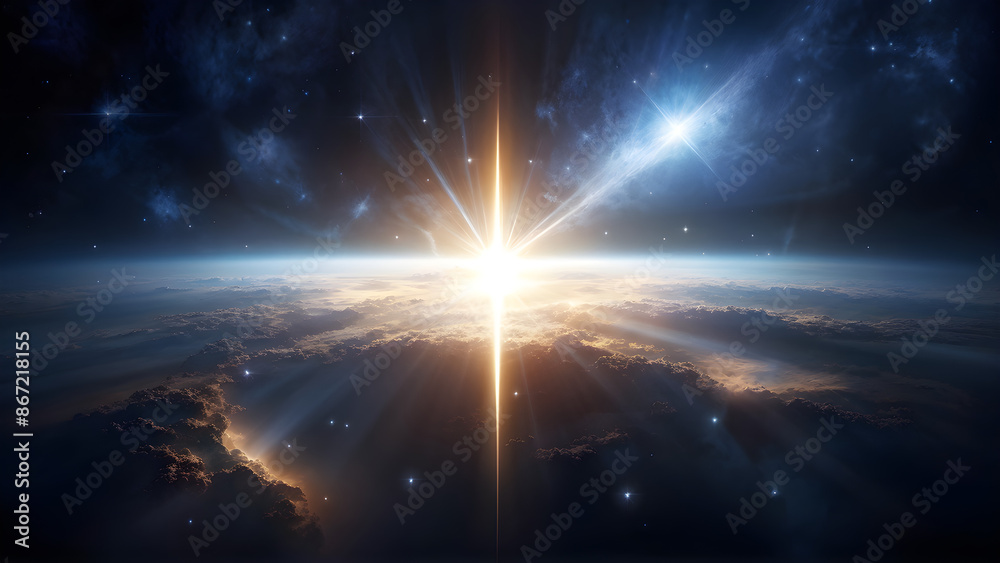 A bright and large star shines brightly, blessing baby Jesus in the ...