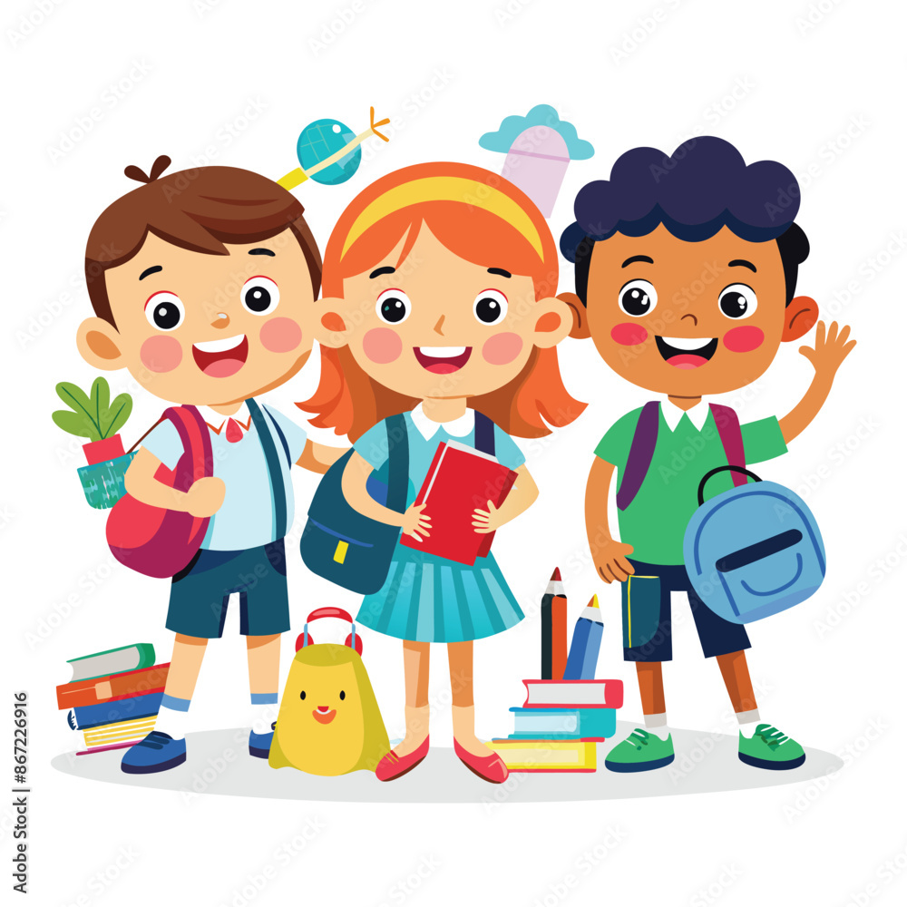 Cartoon happy school children with school supplies vector Stock Vector ...