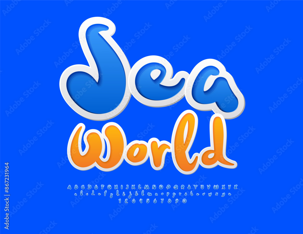 Vector funny sign Sea World. Blue handwritten Font. Playful Alphabet ...