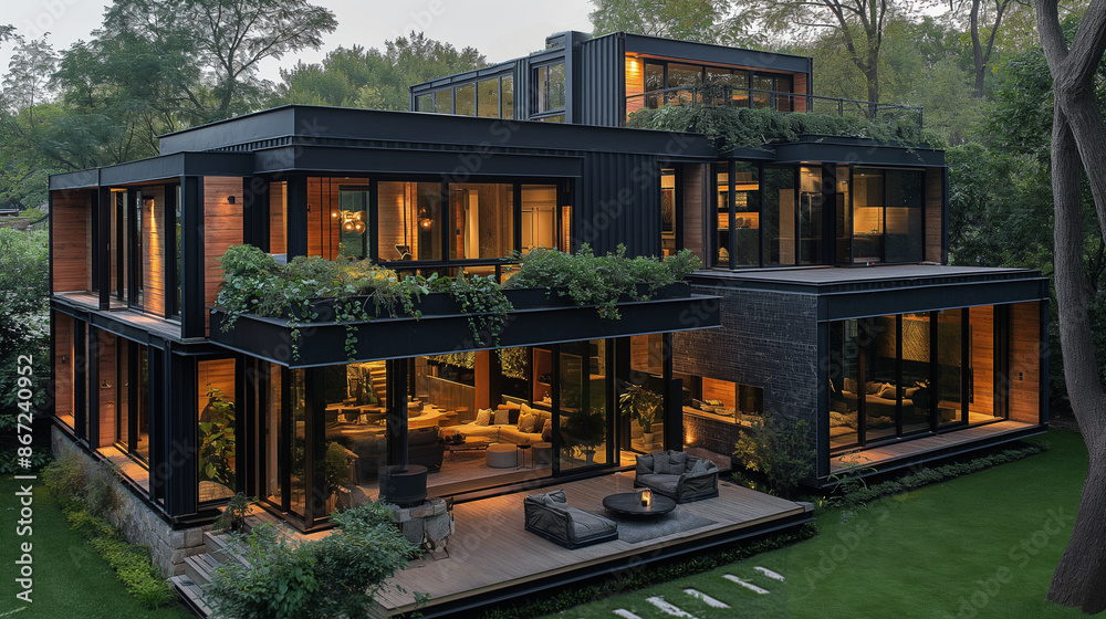 A black, two story modern home, built from shipping containers, sits on ...