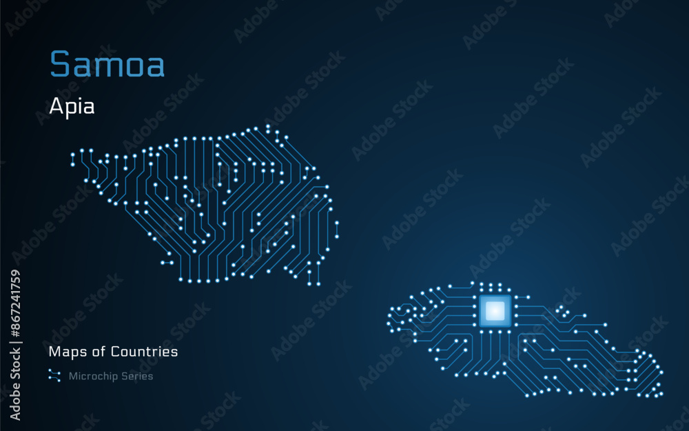 Samoa Map with a capital of Apia Shown in a Microchip Pattern. E ...