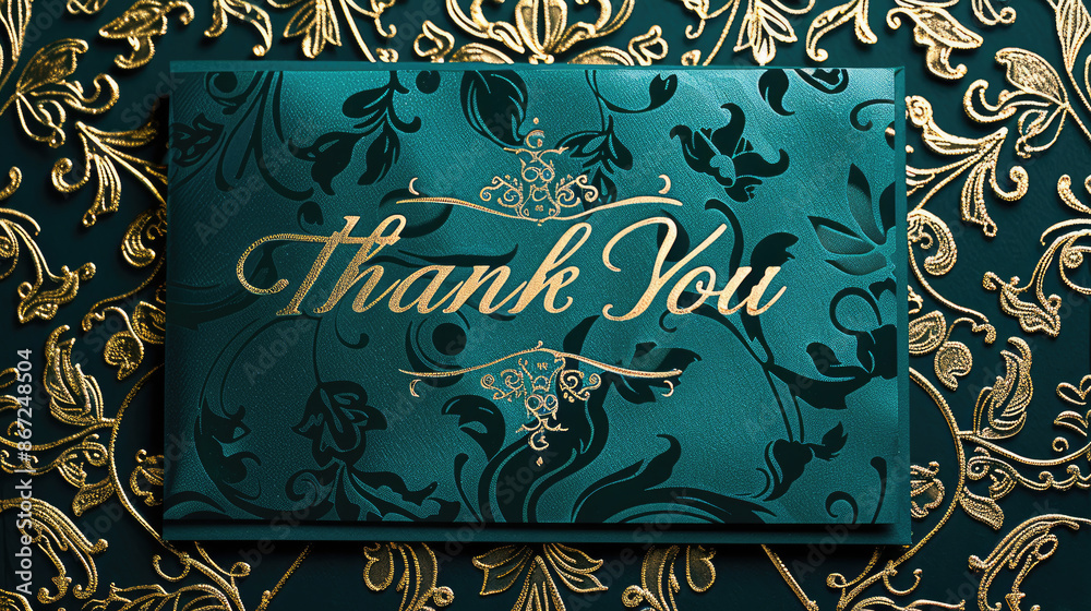 "Thank You" in elegant gold script on a rich emerald green card. Golden ...