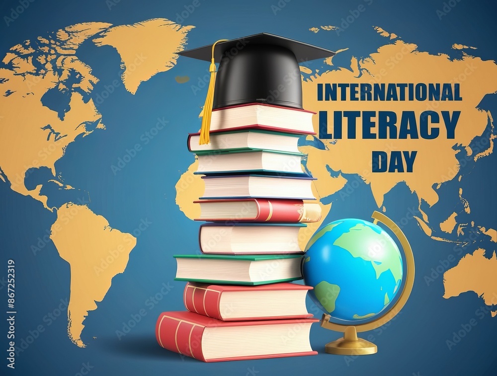 International Literacy Day. A stack of colorful books topped with a ...