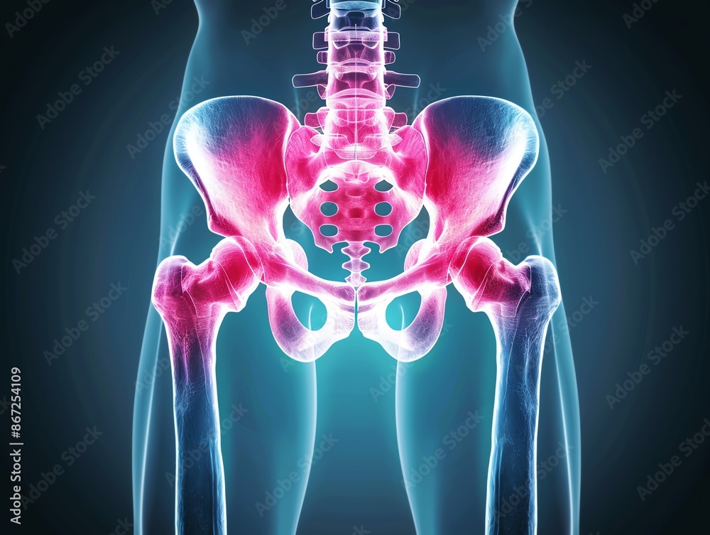 3D illustration of the human pelvic anatomy showing the hip joints and ...