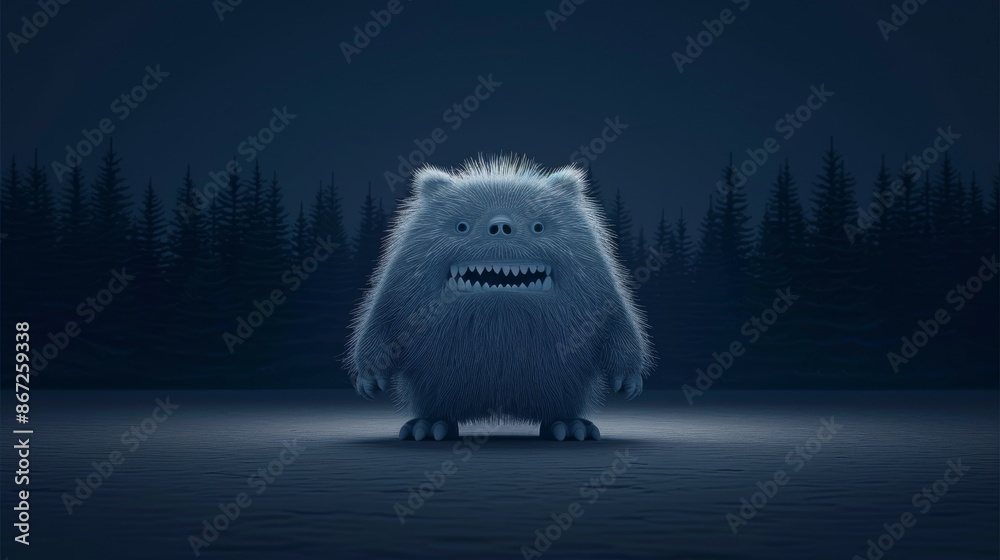 Fluffy round creature with glowing outline stands in misty forest at ...