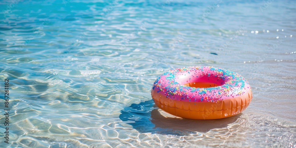 Beautiful brightly colored inflatable donut floating in clear blue ...