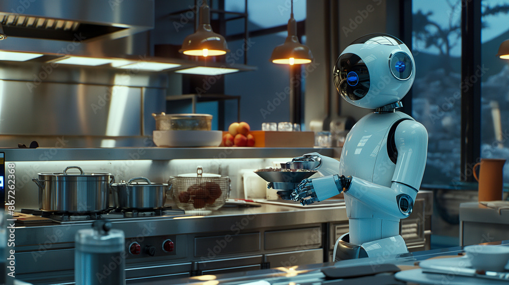 Robot chef cooks food in the kitchen Future work with artificial ...
