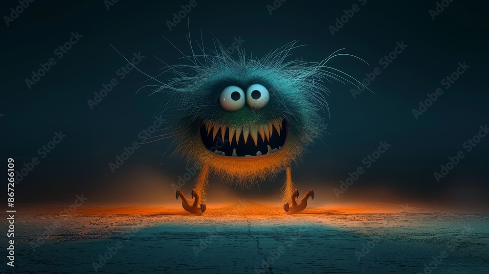 Fuzzy blue creature with glowing eyes and razor-sharp teeth emerges ...