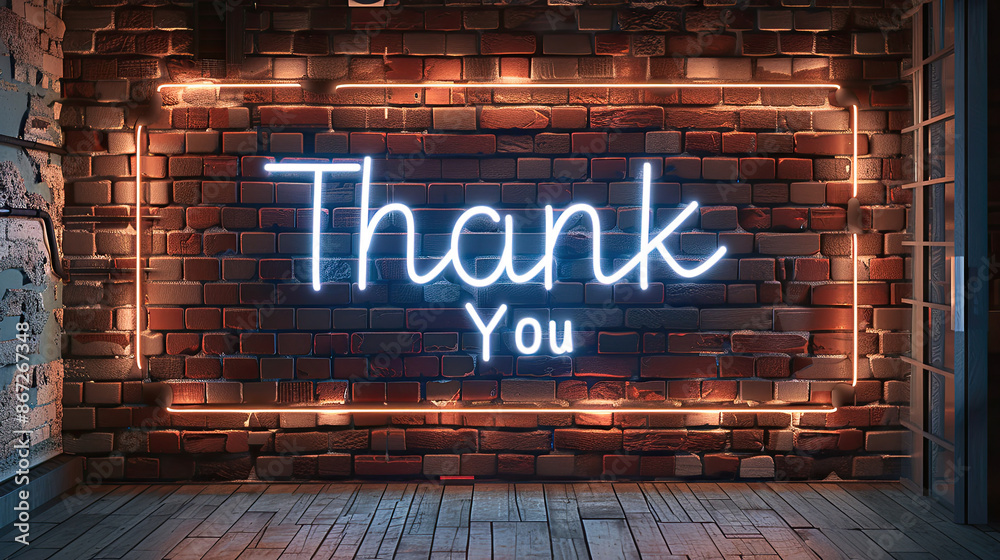 "Thank You" in sleek white neon font on a timeless brick wall ...