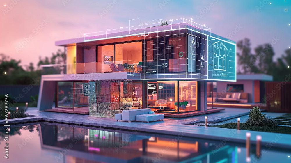 3d render of modern cozy house At night, iot concept, connecting and ...