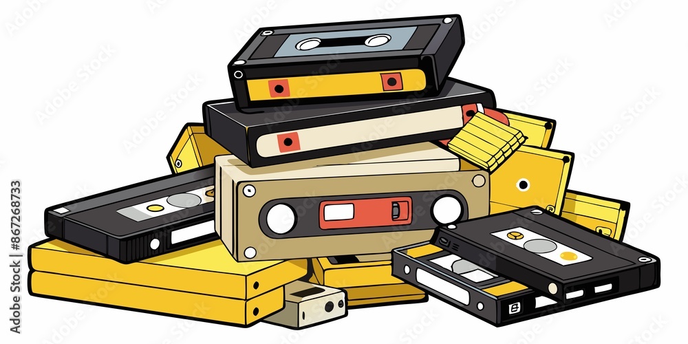 stack of yellowed VHS tapes on white background, with few scattered ...