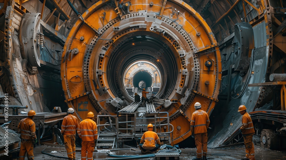 Workers Inspecting Tunnel Boring Machine Interior. Group of workers ...
