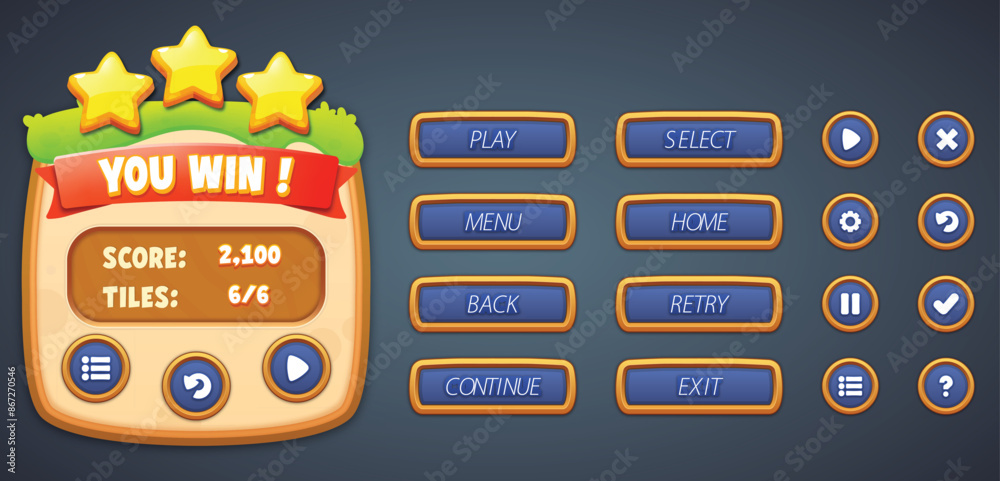 Vector tealish blue theme game UI kit. Set of victory menu scene pop up ...