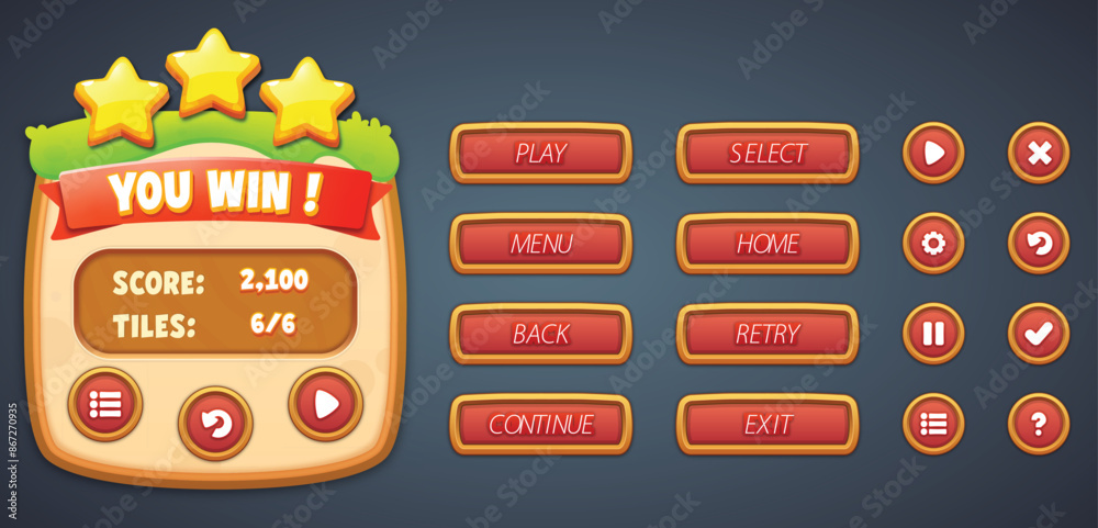 Vector red theme game UI kit. Set of victory menu scene pop up, icons ... Vector red theme game UI kit. Set of victory menu scene pop up, icons ...