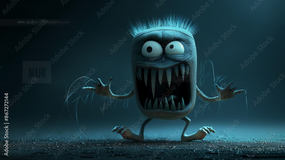 Glowing blue creature with enormous eyes and jagged teeth stands in ...