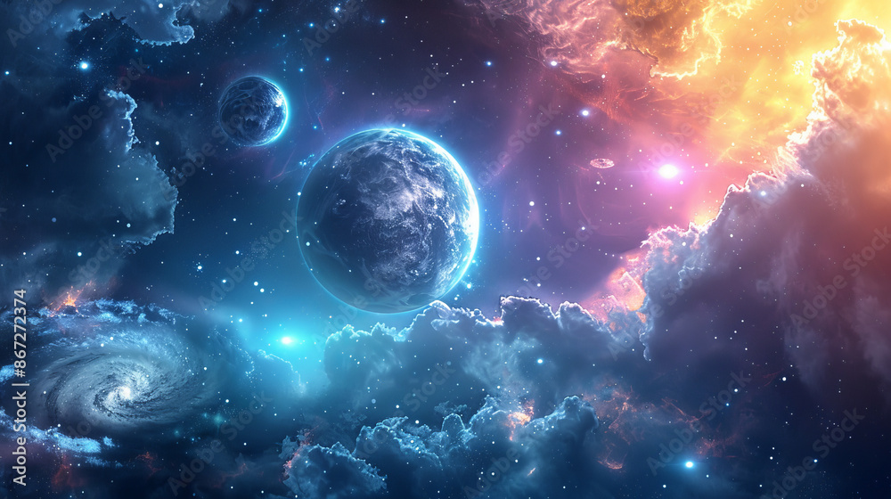Cosmic Dance Depict a space scene blending D renderings of planets and ...