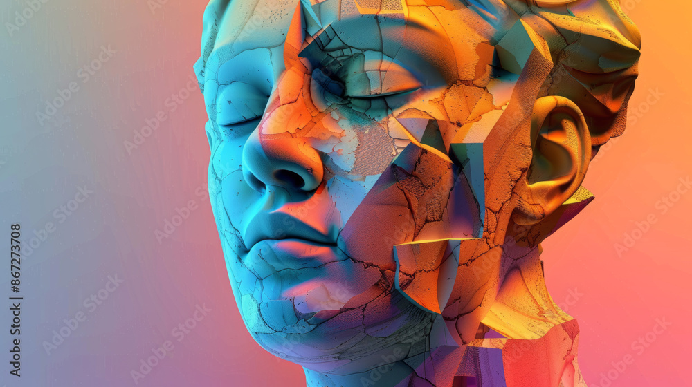 A detailed D portrait with classical sculpture aesthetics fractures into a cubist masterpiece ...