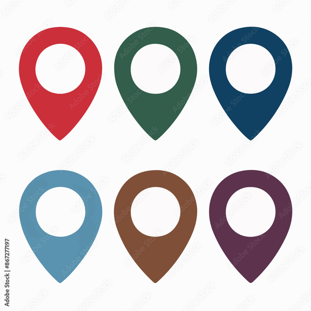 Six location markers, each in a distinct color. These markers are ...
