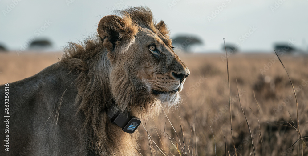 lion in the grass, A lion in the savanna wearing enabled collar ...
