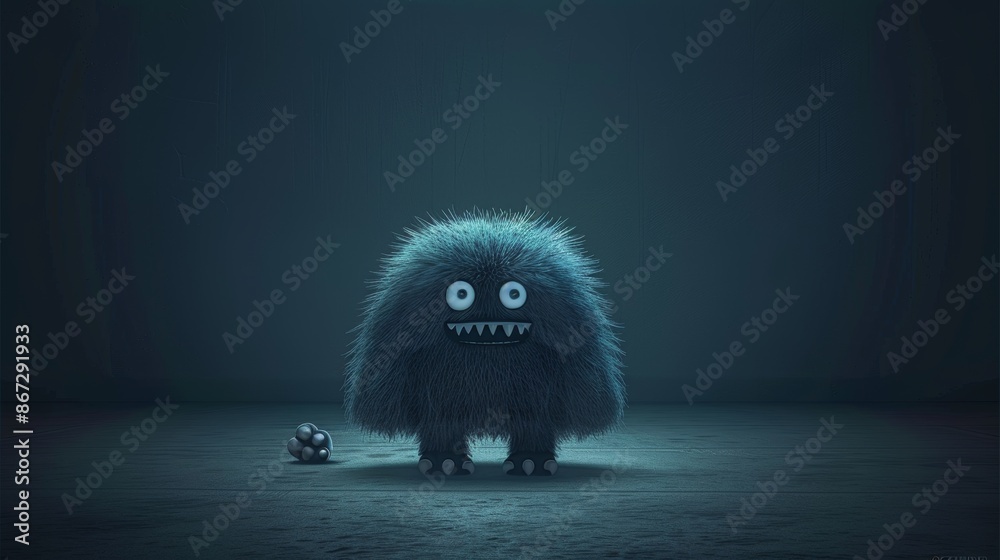 Round, furry creature with glowing eyes in misty darkness. Teal-blue ...