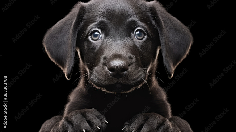 Portrait of funny black Labrador puppy standing on hind legs isolated ...