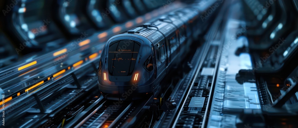 A light rail system connecting different parts of a futuristic city ...