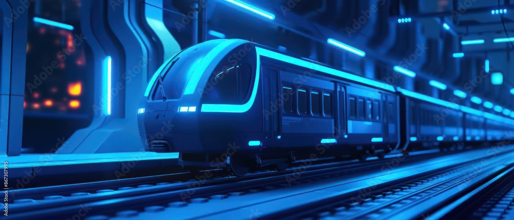 A light rail system connecting different parts of a futuristic city ...