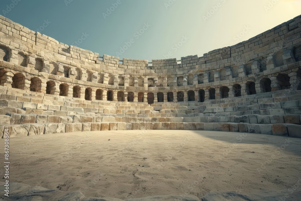 A modern coliseum with sleek architecture, blending ancient grandeur ...