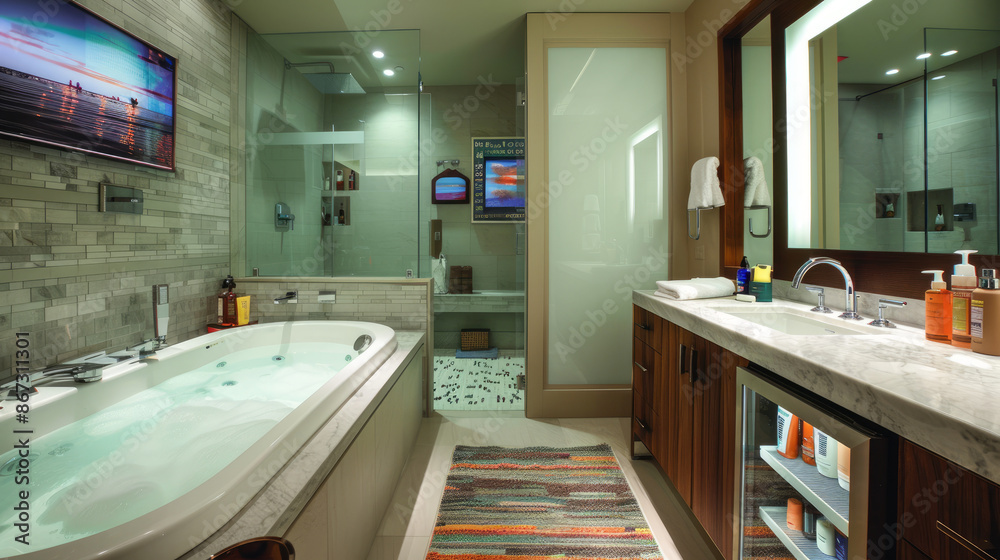 Modern bathroom featuring a soaking tub, vanity, and a mini fridge for ...