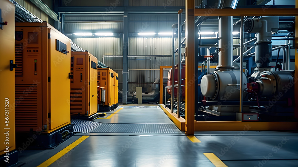 Generator room with two generators in factory standby for power backup ...
