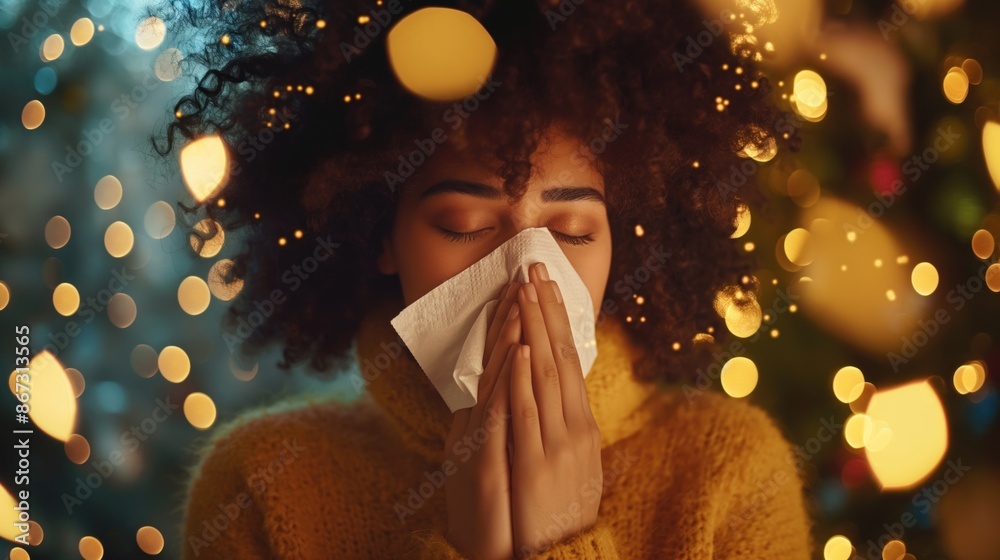 Person with a runny nose and tissues, capturing the discomfort and ...