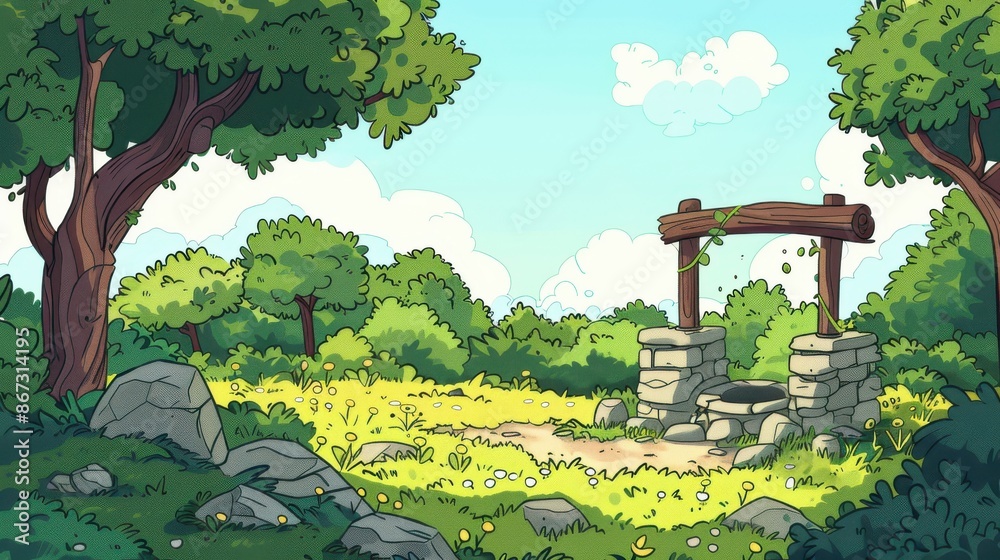 Cartoon illustration of an idyllic forest clearing with a wishing well ...
