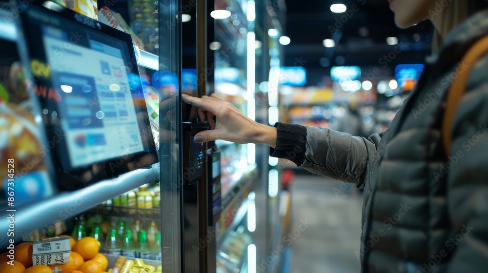 A customers hand is shown scanning a product barcode at a self-checkout ...
