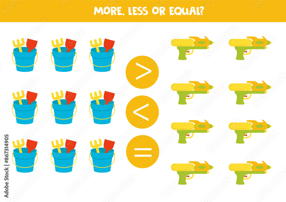 More, less, equal with toy pails and water guns. Math game for kids ...